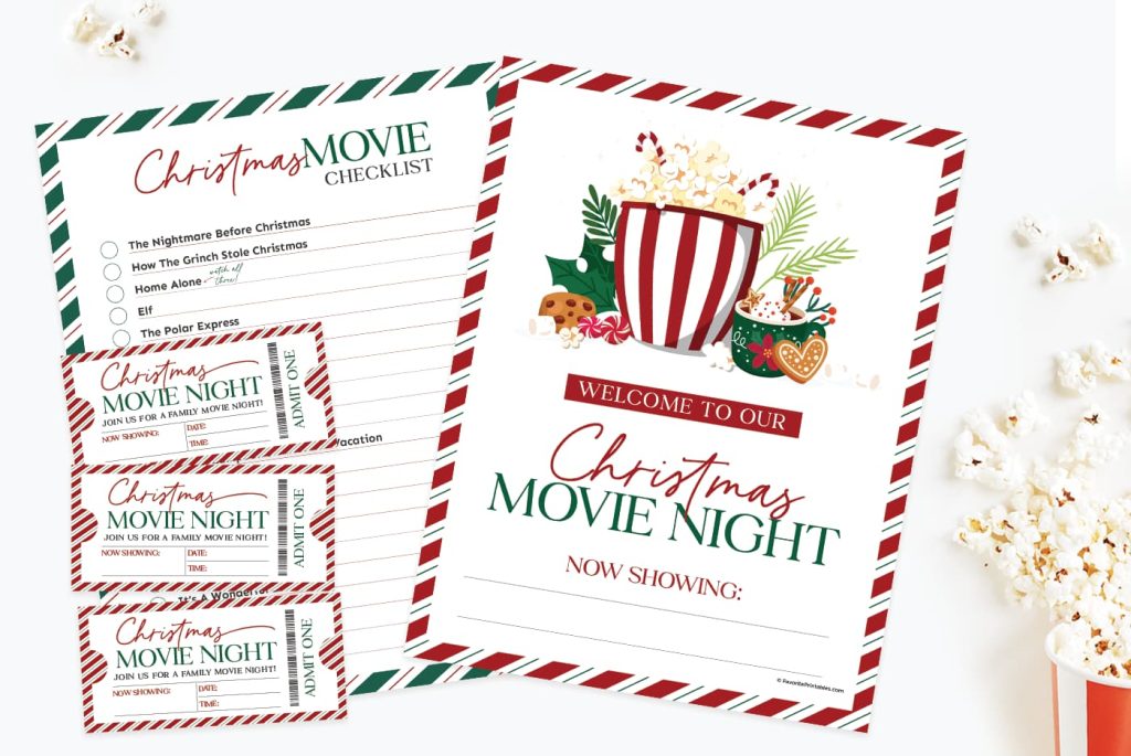 Christmas Movie Night Tickets and Checklist, FREE printable set ...